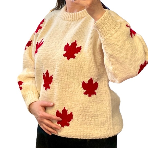 Handmade | Sweaters | Hand Knit Maple Leaf Canadian Sweater Acrylic ...